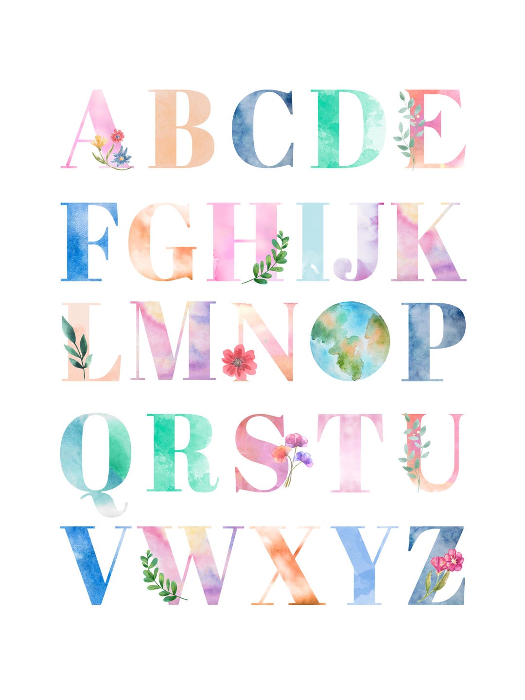 Pretty Alphabet Digital Print, ABC Poster, Nursery Alphabet Wall Art ...