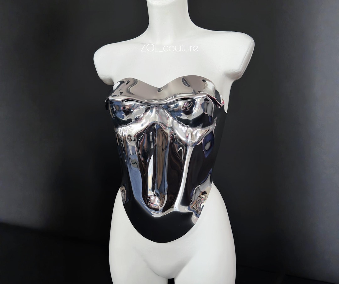 Silver Armor Corset Top, Steel Boned Corset, Resin Top, Silver Corset, Mirror Futuristic Top ...