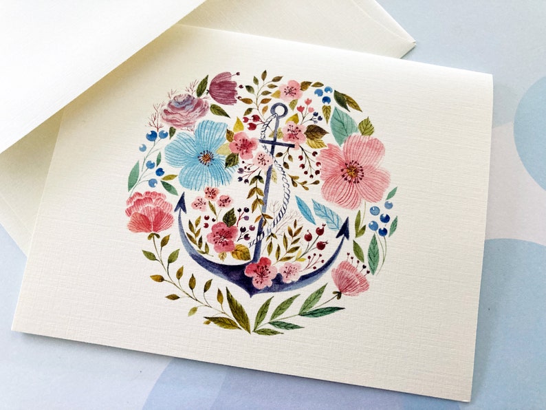 Floral Anchor Greeting Card Set, Handmade Card - Etsy