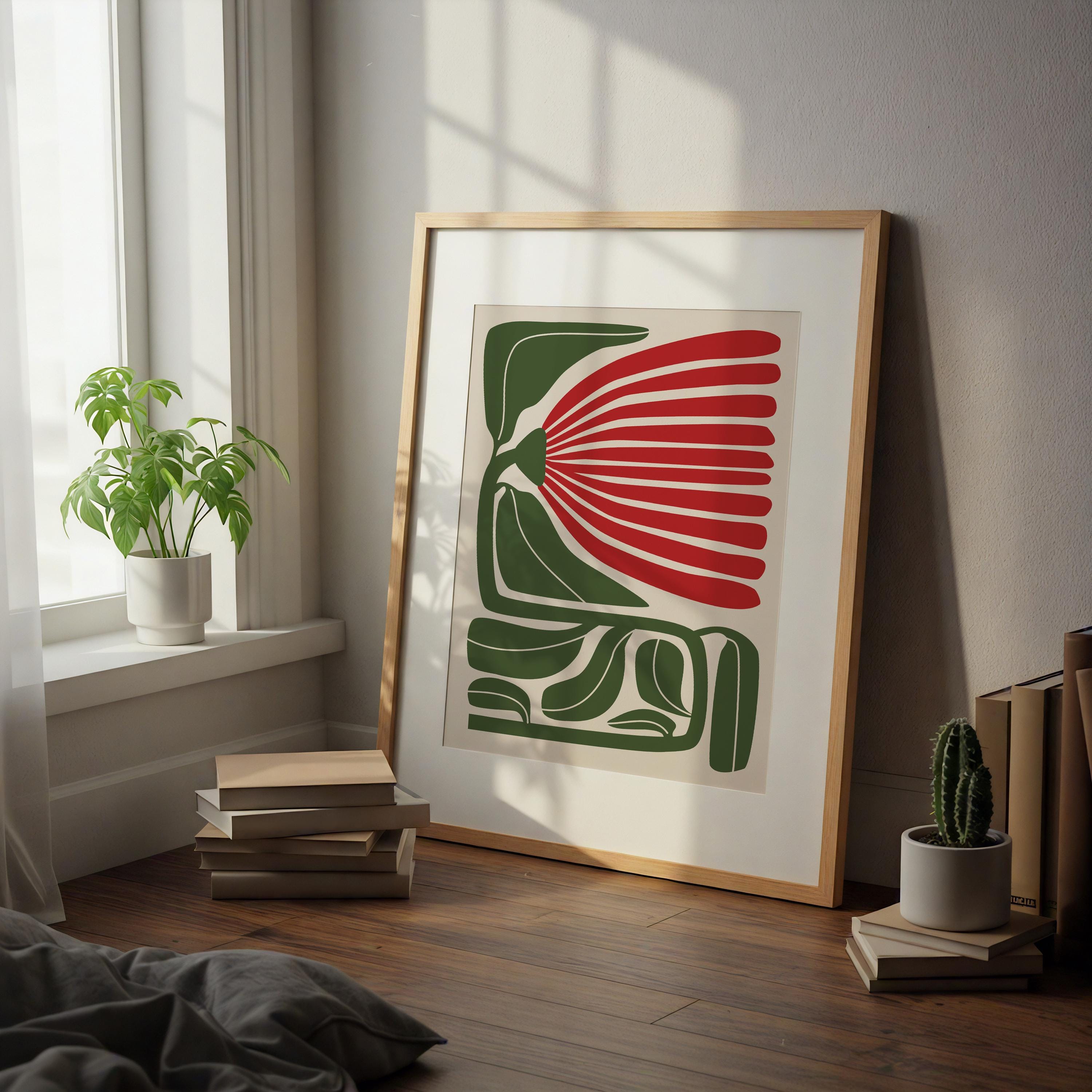Abstract Botanical Wall Art Red & Green Plant Print | Mid Century ...