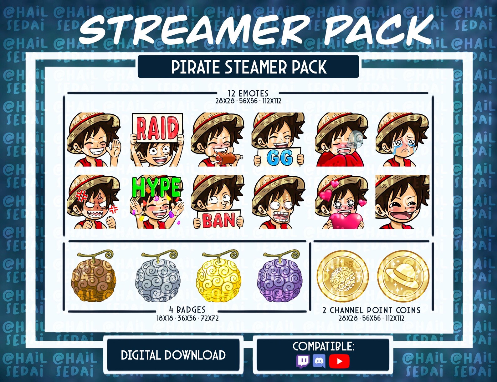 Anime Pirate Captain Streamer Emotes/badges Pack - Set of 18 Twitch ...