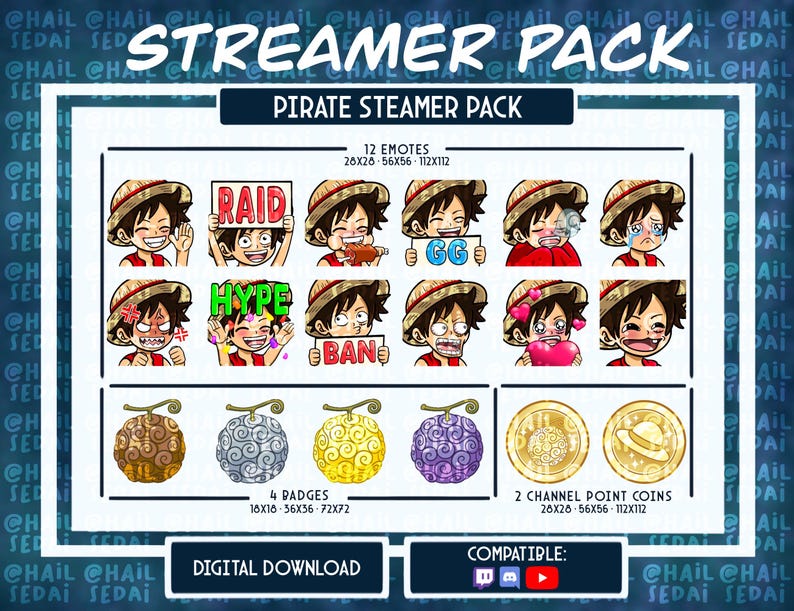 Anime Pirate Captain Streamer Emotes/badges Pack - Set of 18 Twitch ...