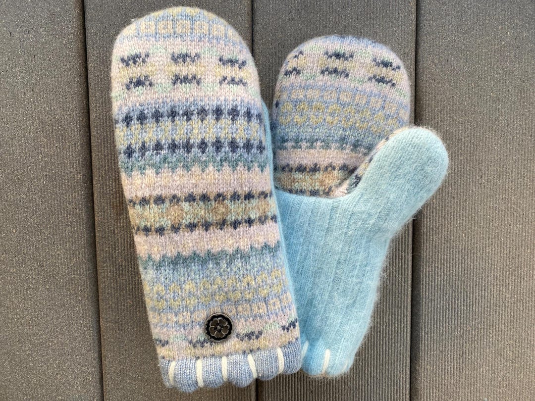 Medium Upcycled Sweater Mittens Wool Mittens Made From Recycled Sweaters Gift for Her Blue White ...