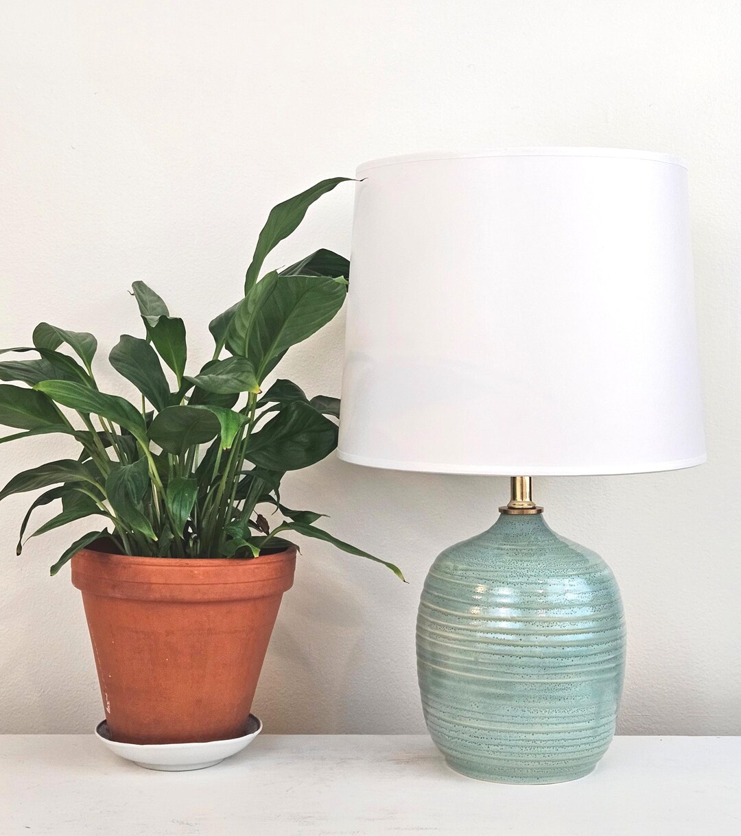 Coastal-inspired Turquoise Ceramic Table Lamp: Ribbed Stoneware With ...