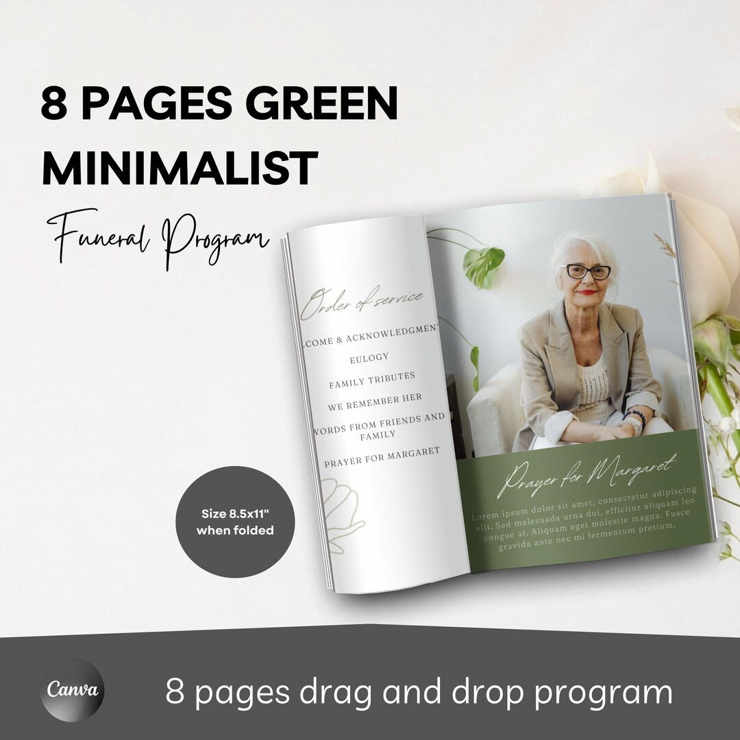 8 Page Green Minimalist Funeral Program Template 17"x11" Elegant ...