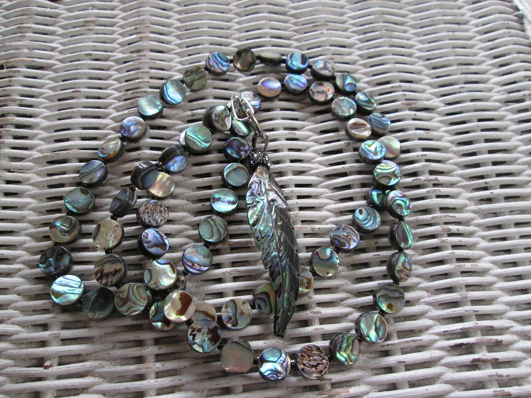 Necklace, Abalone Disc Shell Bead Strands With Black Abalone Feather ...