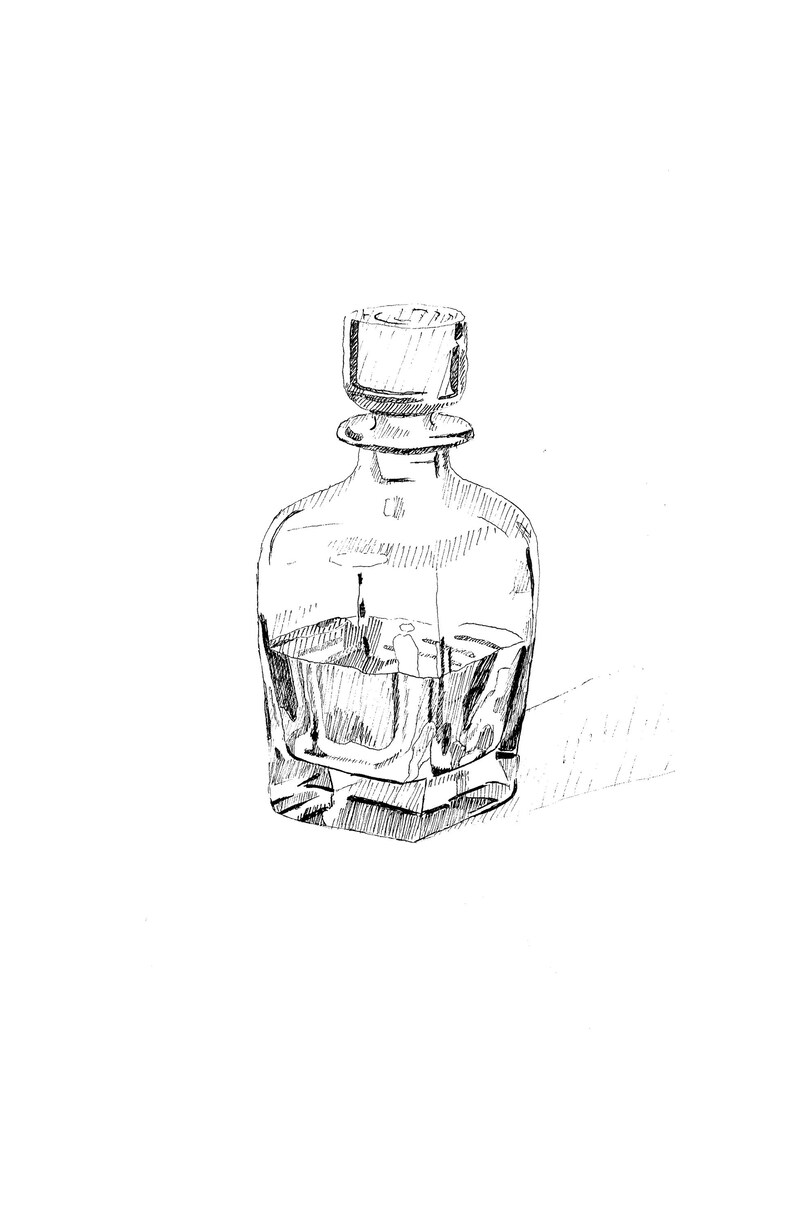 Whiskey Decanter Pen Drawing | Vintage Bar Wall Art | Home Bar Decor ...