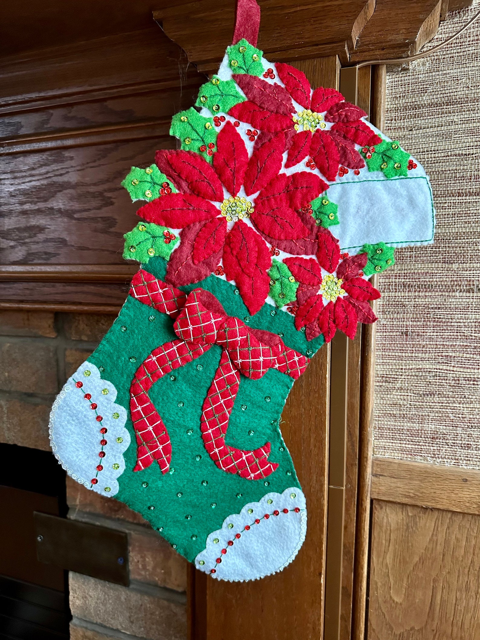 Poinsettia Flower Finished Felt Stocking With Sequins & Beads - Beaded ...