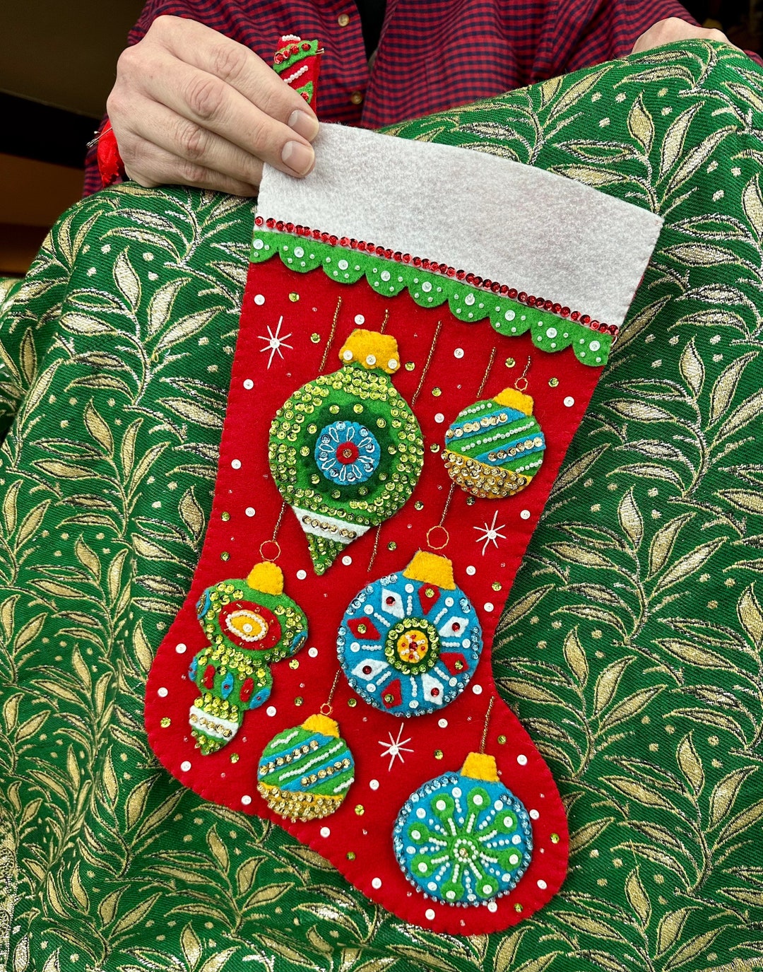 Finished Felt Stocking With Sequins and Beads - Beaded Applique ...
