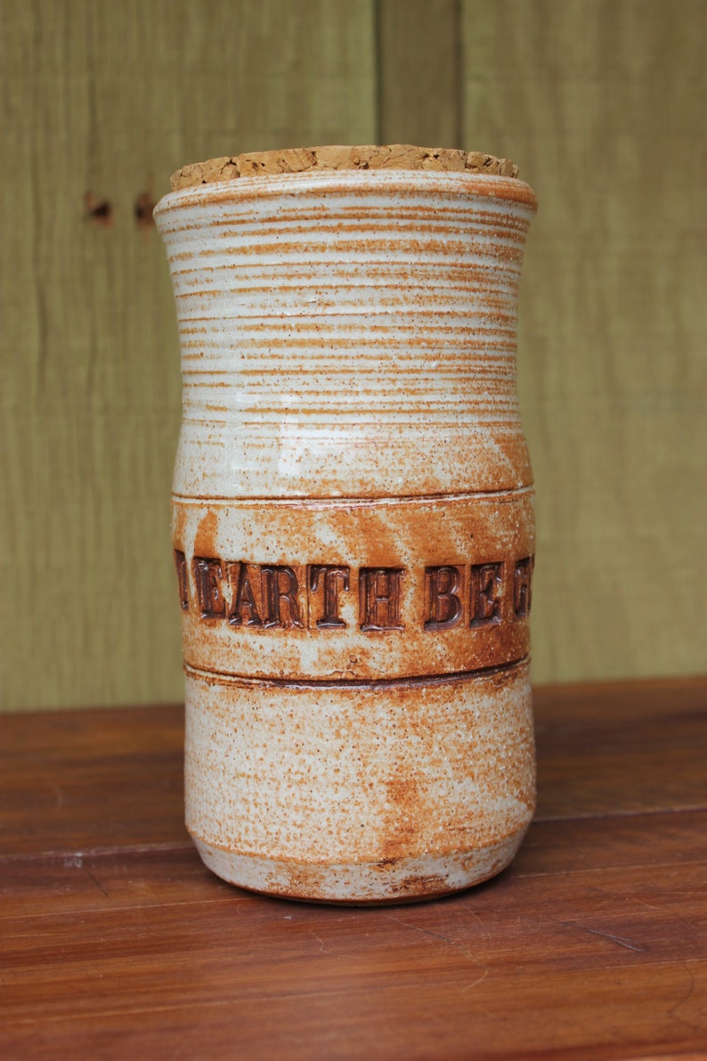 Vintage Typography Stoneware Pottery Jar With Cork Lid - Let Earth Be ...