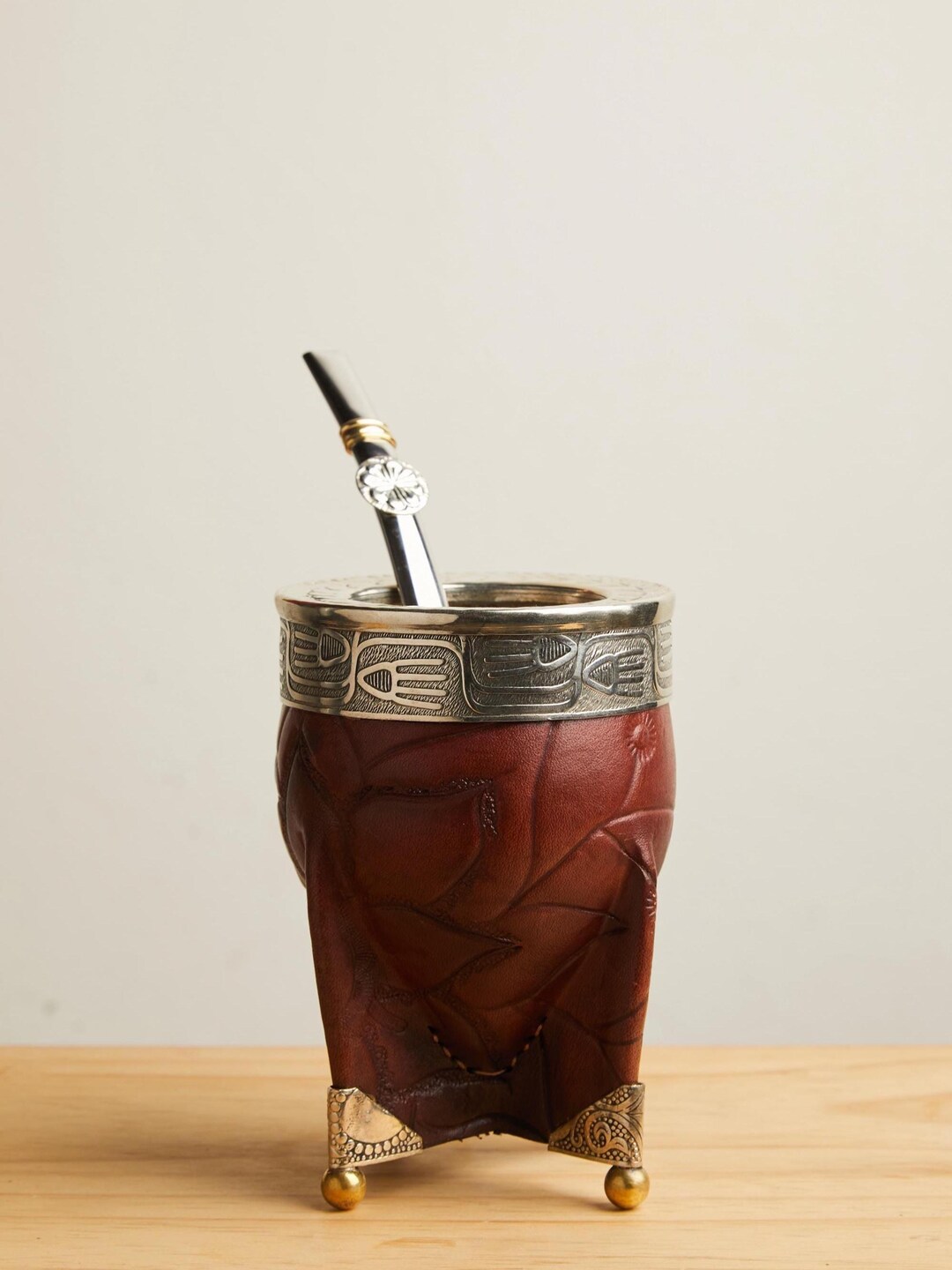Yerba Mate Gourd Cup With Beaded Base, Luxury Argentine Leather Mate ...