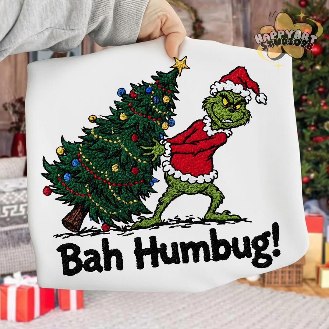 Grumpy Green Christmas Embroidery PNG, Pulling Tree Illustration, Bah ...