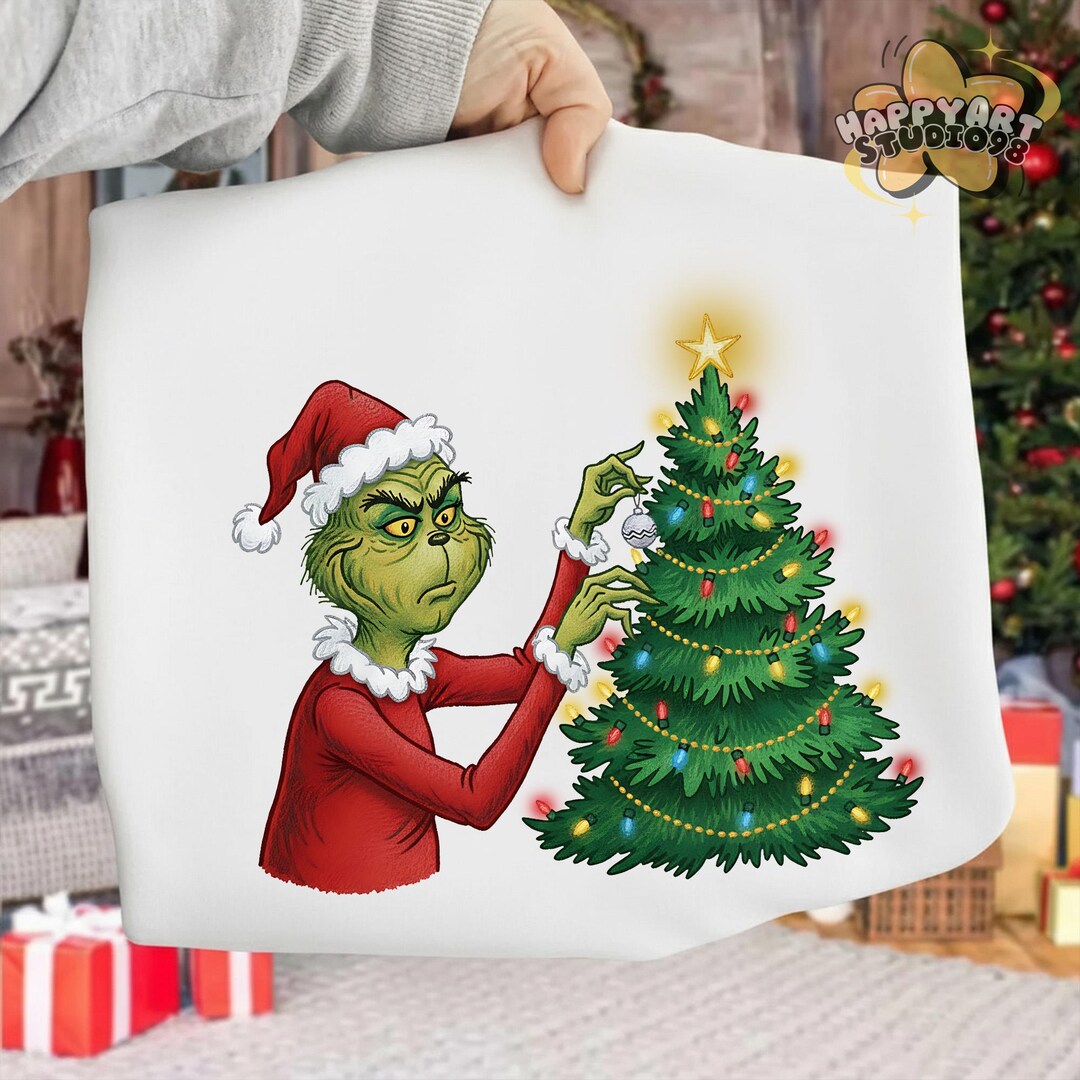Grumpy Green Character Decorating Christmas Tree – Funny Holiday PNG ...