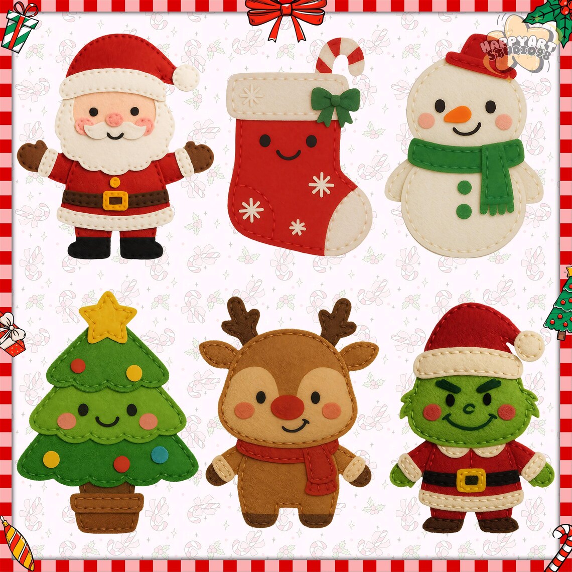 Santa Reindeer Tree Stocking Snowman Patchwork PNG Bundle, Cute Santa ...