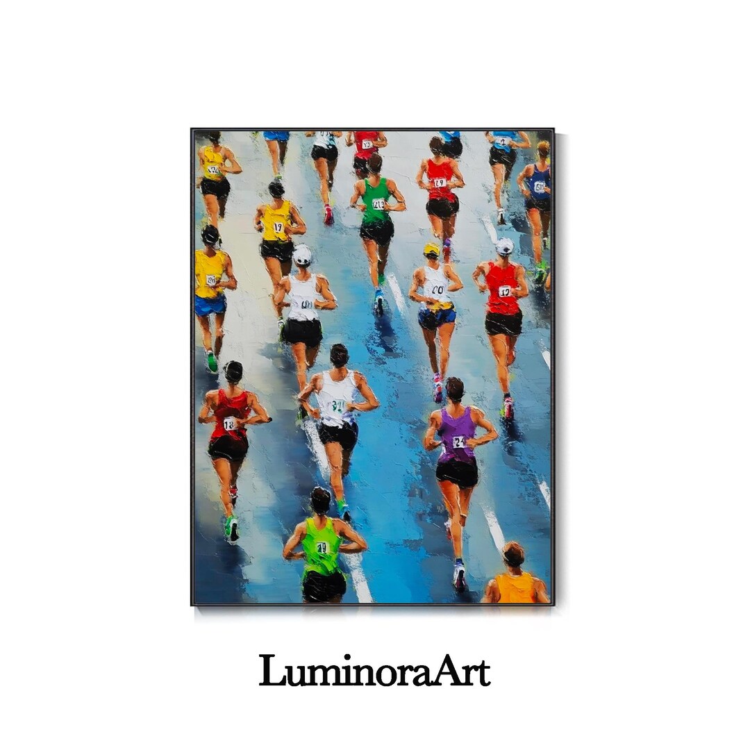 Large Marathon Sports Canvas Oil Painting Hand-boho Style Texture Wall ...