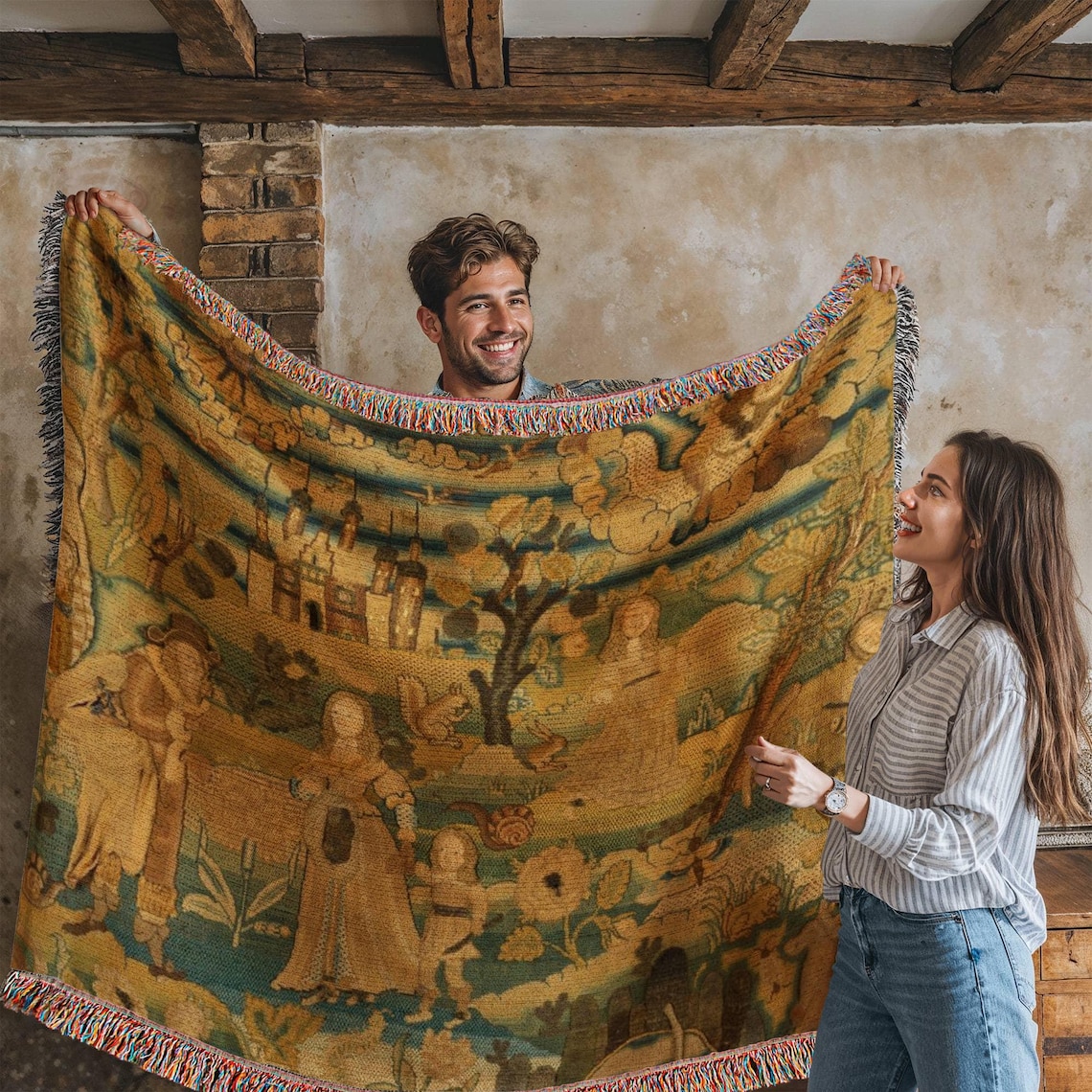Woven Cotton Medieval Tapestry | Throw Blanket | Rococo | Romantic ...
