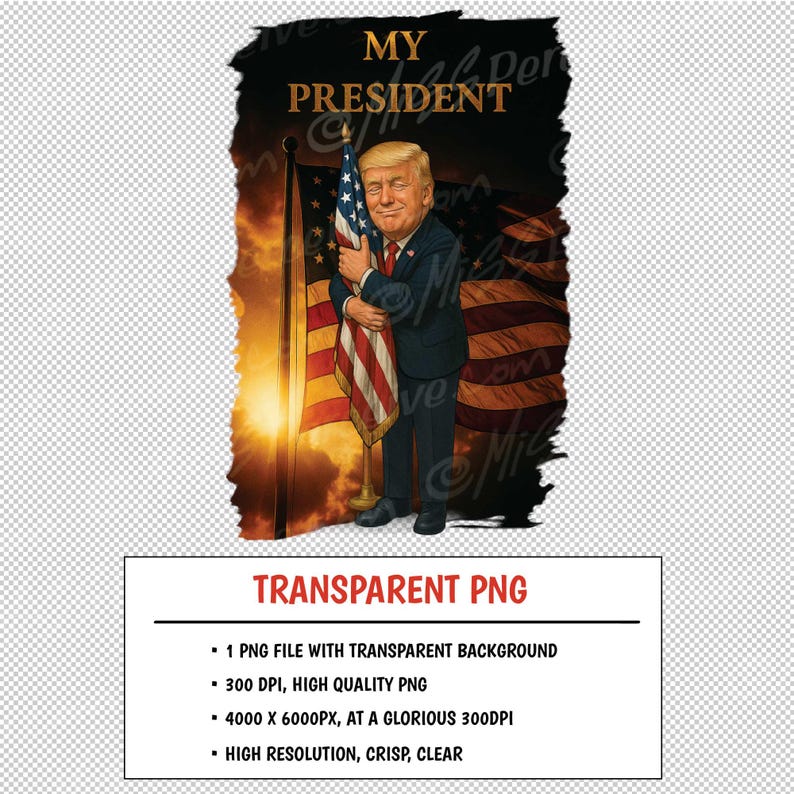 Trump Hugging American Flag JPG PNG | Digital Illustration Download ...