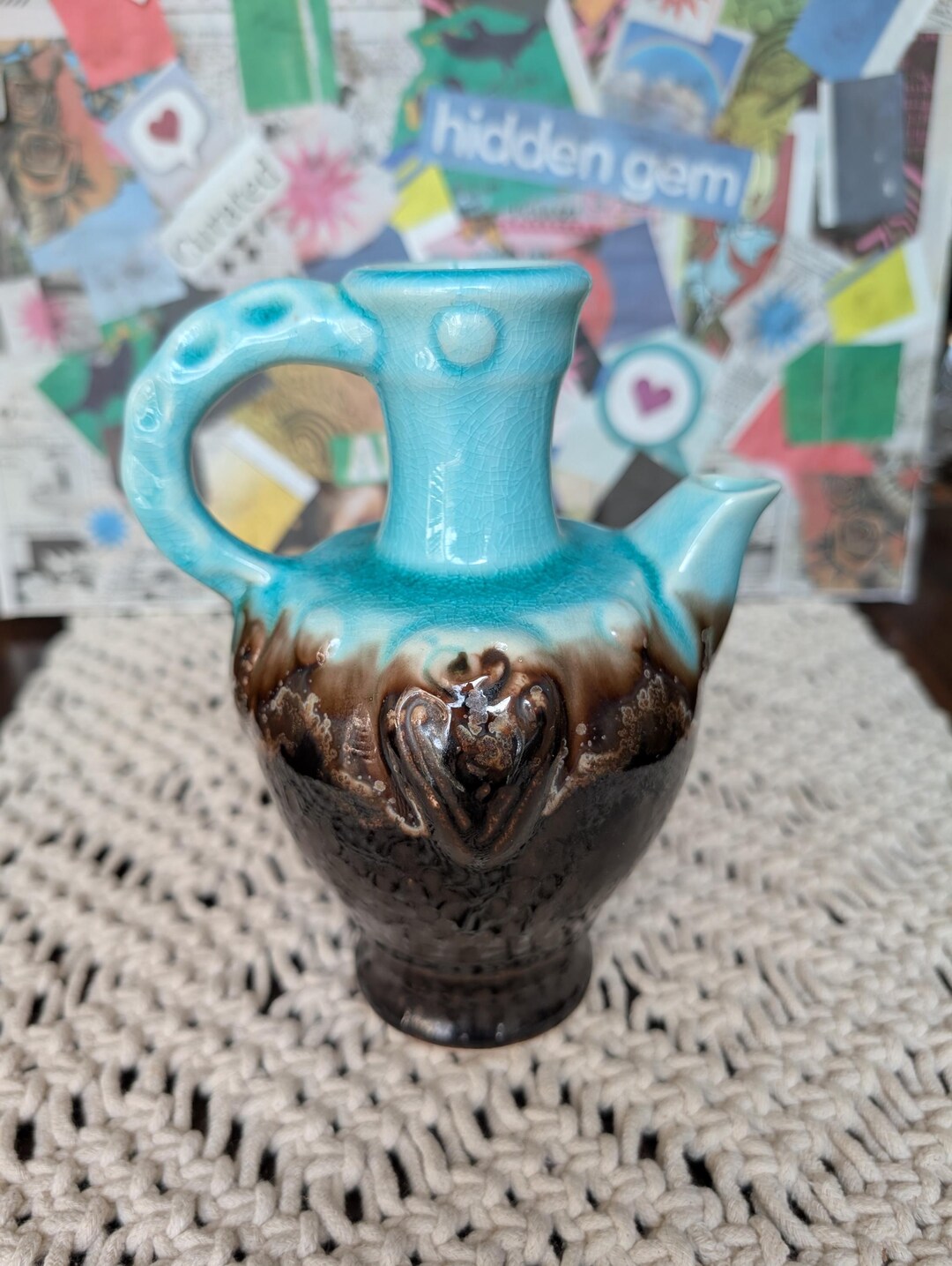 Vintage MCM Art Pottery Vase, Aqua Glaze Brown Fade Drip, Zion Canyon ...