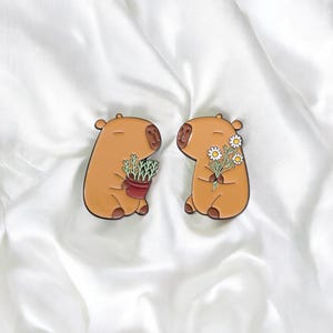 Cute Capybara Enamel Pin Set – Wholesome Plant and Flower Capybara Pins ...