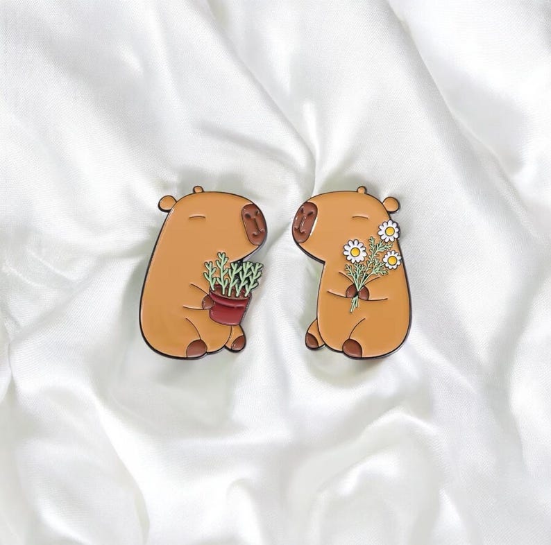 Cute Capybara Enamel Pin Set – Wholesome Plant and Flower Capybara Pins ...