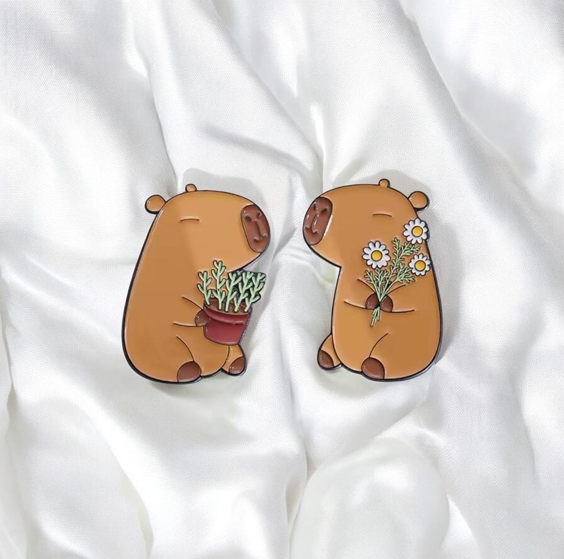 Cute Capybara Enamel Pin Set – Wholesome Plant and Flower Capybara Pins ...