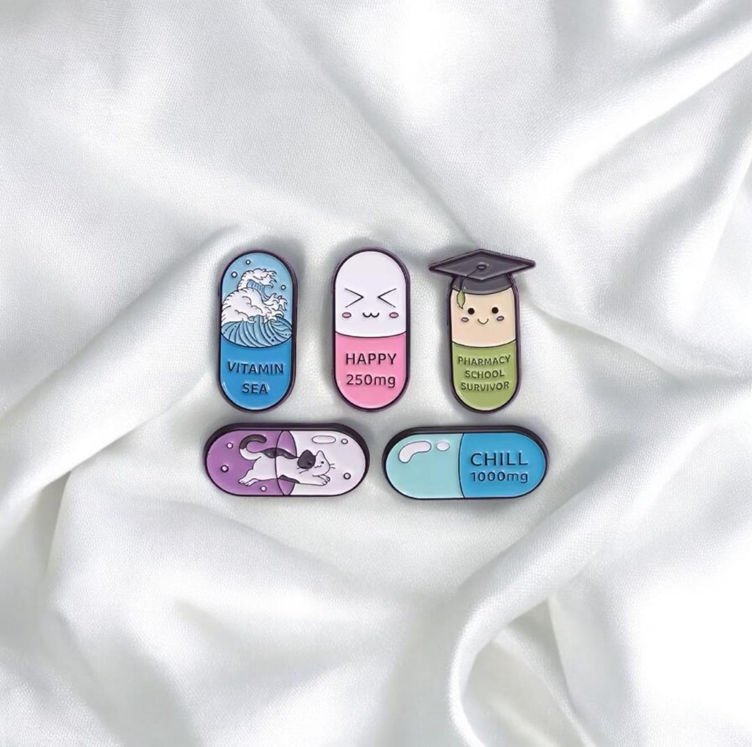Pill Capsule Enamel Pin Set – Cute Kawaii Medicine Pins, Chill & Happy ...
