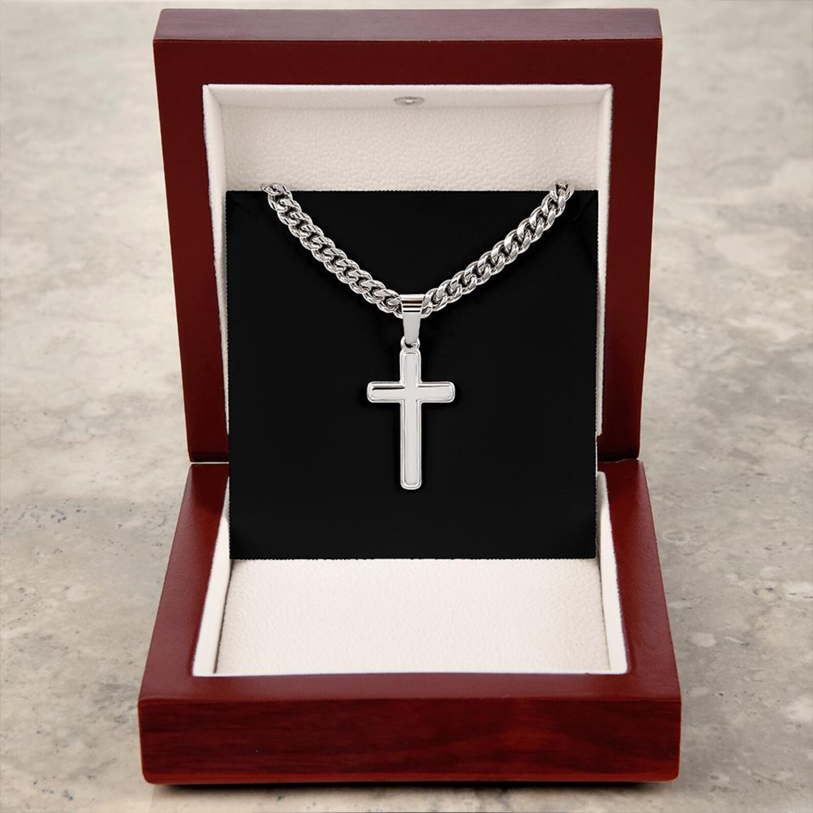 Engraved Artisan Cross Cuban Link Chain – Bold Stainless Steel Necklace ...