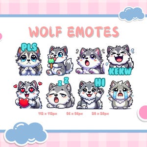 Cute Grey Wolf Emotes | Twitch Discord Youtube Kick | Kawaii Chibi Wolf ...