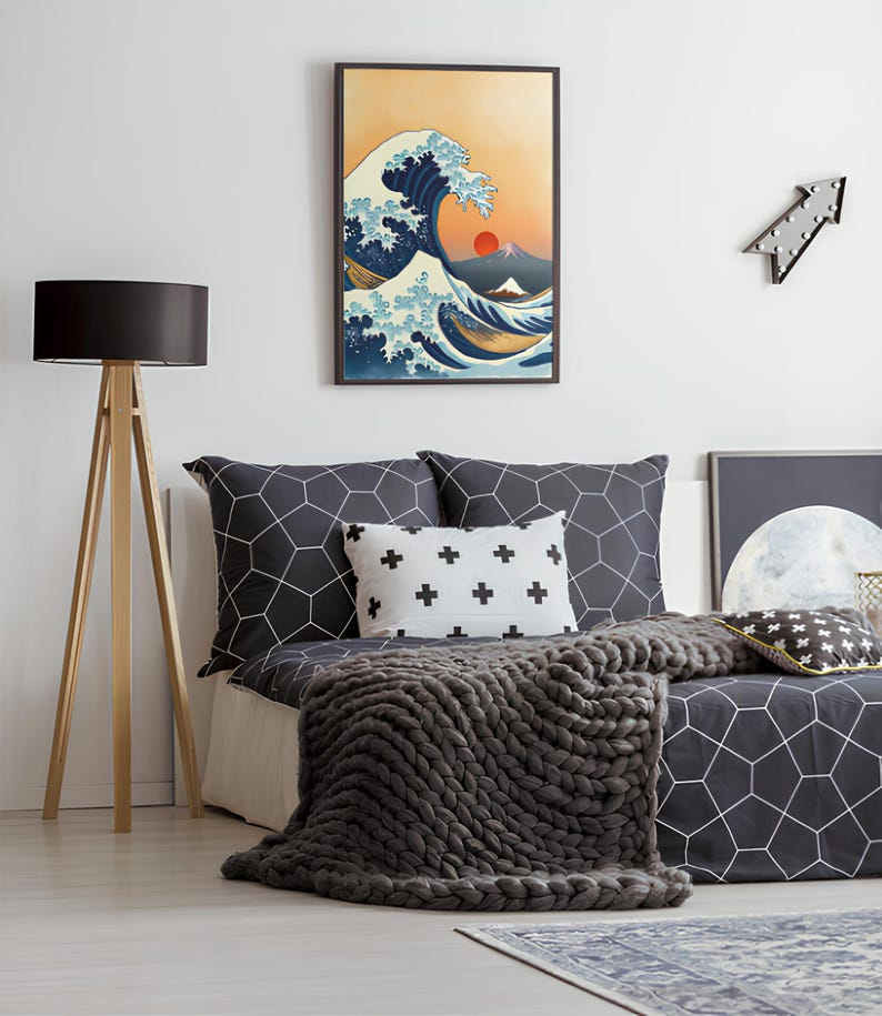 Sunset Over the Great Wave Print, Japanese Ukiyo-e Style Art, Ocean ...