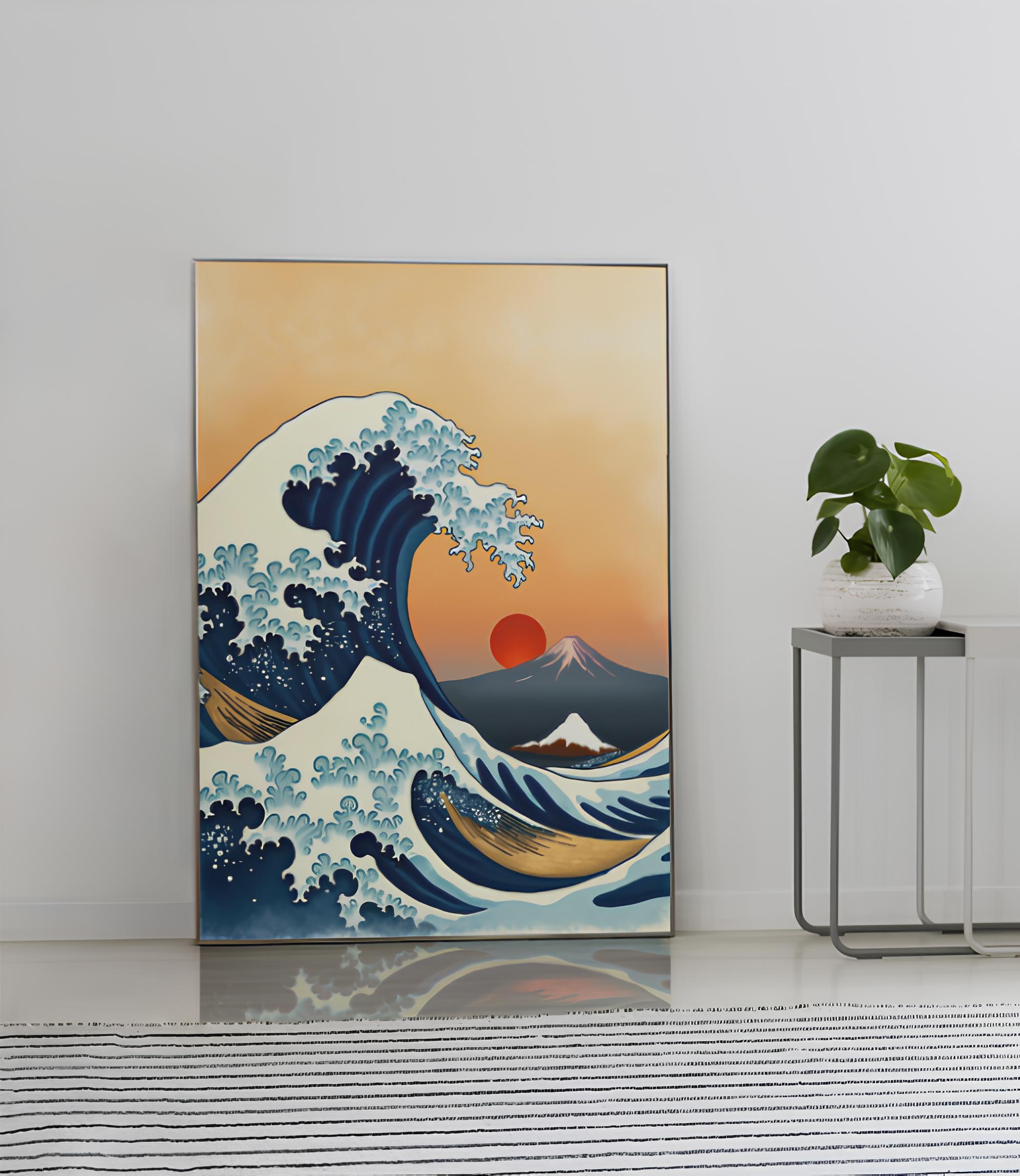 Sunset Over the Great Wave Print, Japanese Ukiyo-e Style Art, Ocean ...