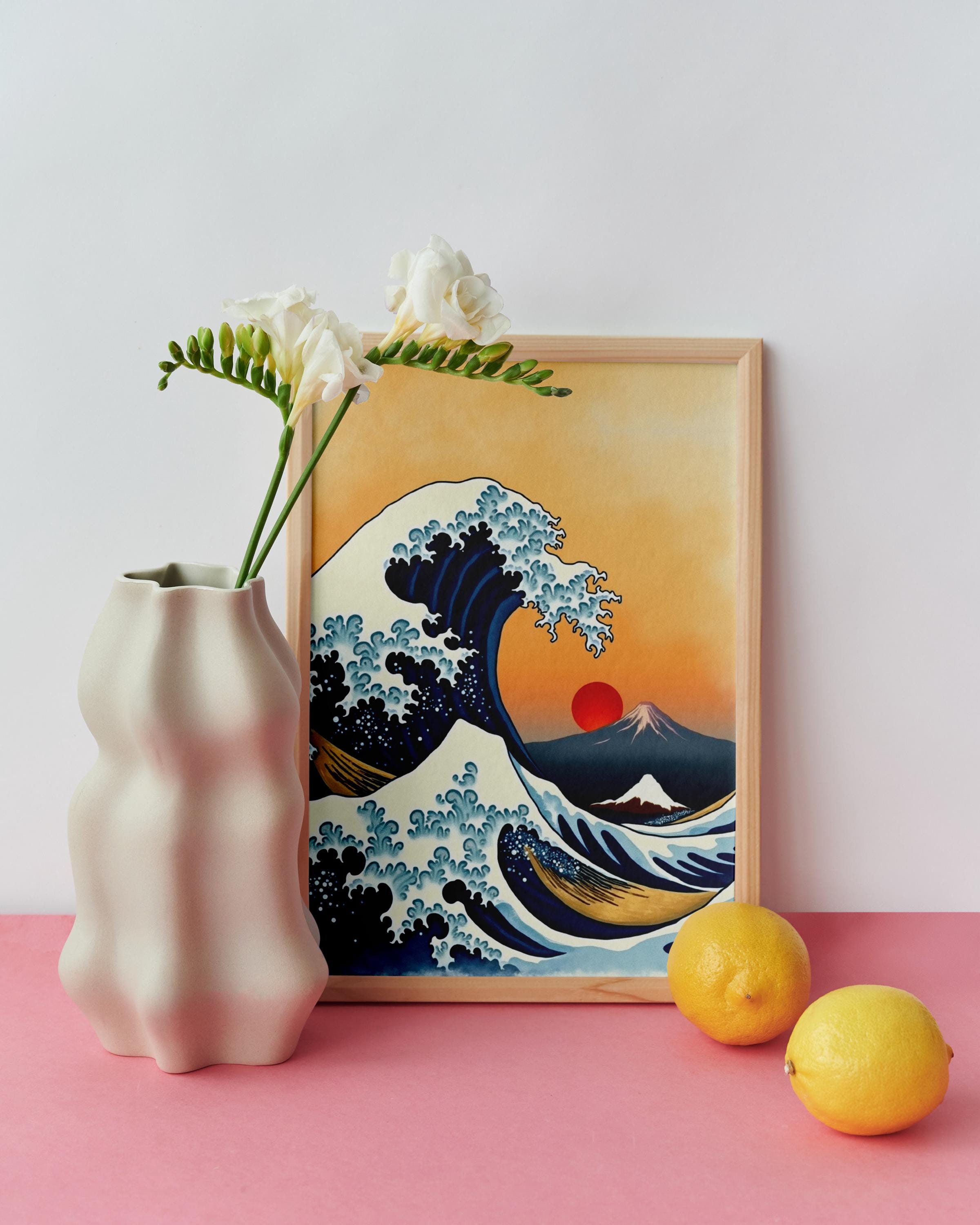 Sunset Over the Great Wave Print, Japanese Ukiyo-e Style Art, Ocean ...