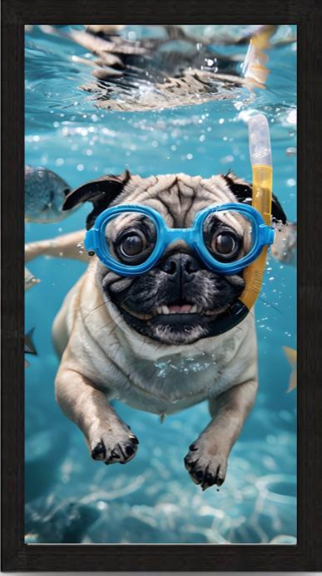 Joyful Pug Swimming With Blue Goggles Underwater Digital Print ...
