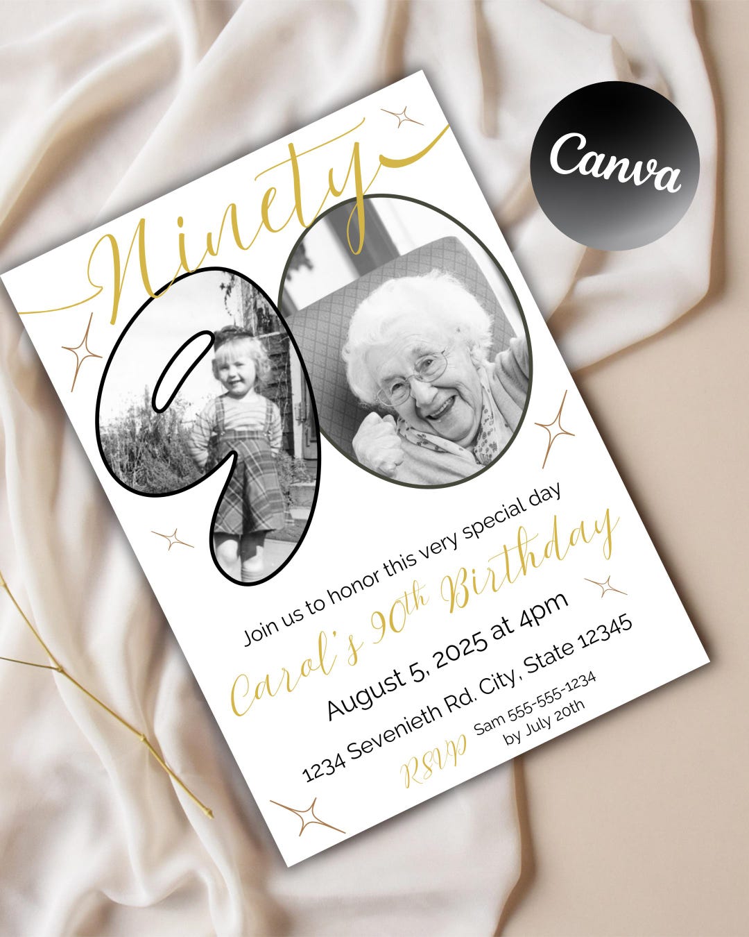 Editable 90th Birthday Invitation Template: Black and Gold (digital ...