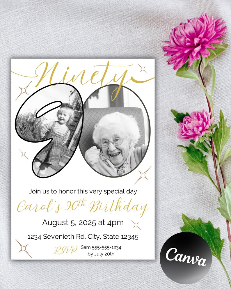 Editable 90th Birthday Invitation Template: Black and Gold (digital ...