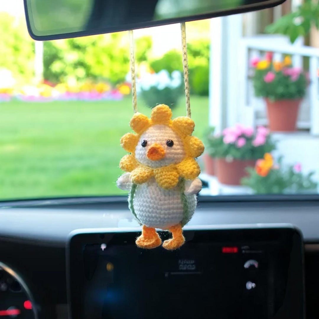 Crochet Swing Duck Rearview Mirror Car Hanging, Handmade Crochet Duck ...