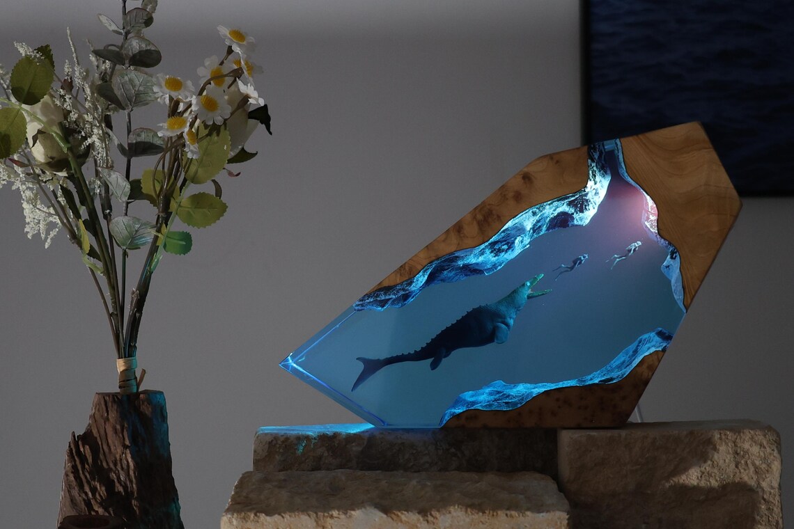 Resin Ocean Night Light: Mosasaurus & Diver Wood Lamp - Etsy