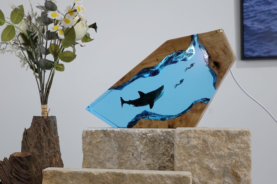 Resin Ocean Lamp: Shark & Diver Wood Night Light - Etsy