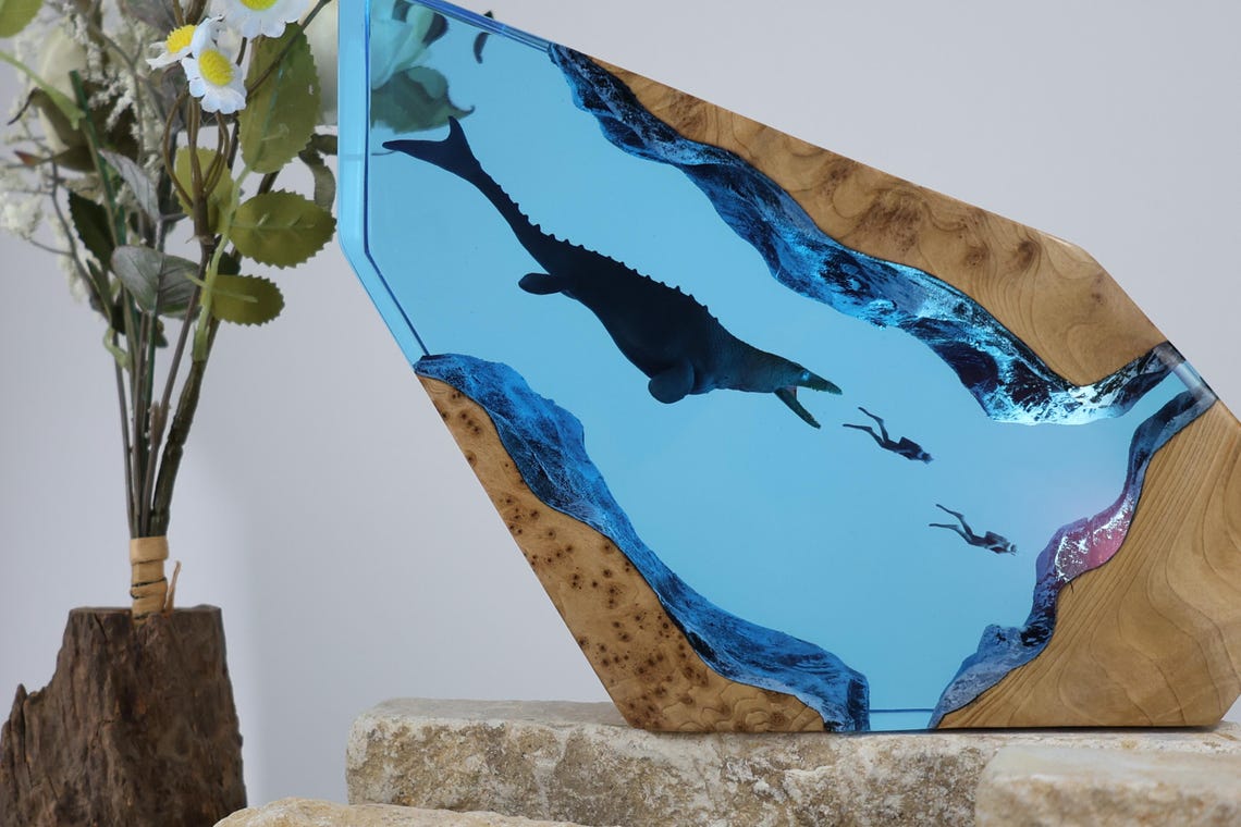 Resin Ocean Night Light: Mosasaurus & Diver Wood Lamp - Etsy