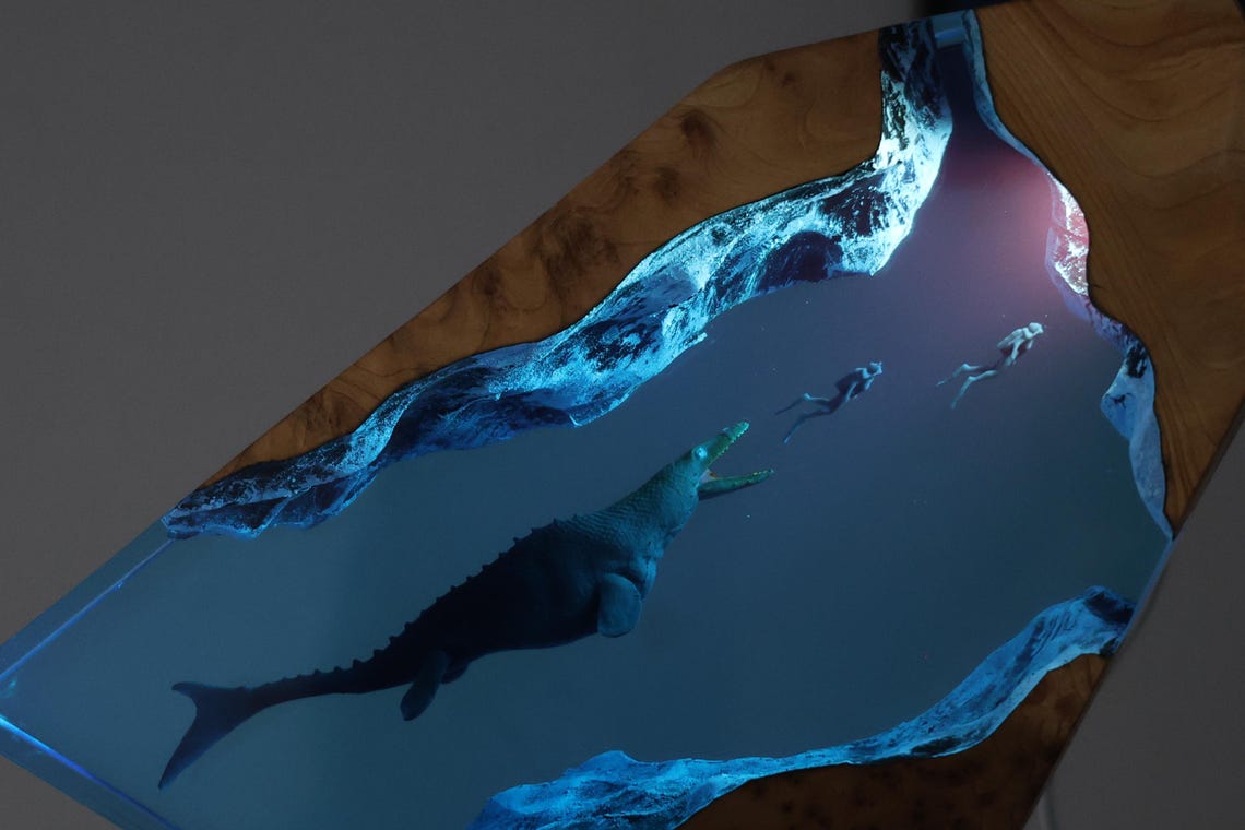 Resin Ocean Night Light: Mosasaurus & Diver Wood Lamp - Etsy