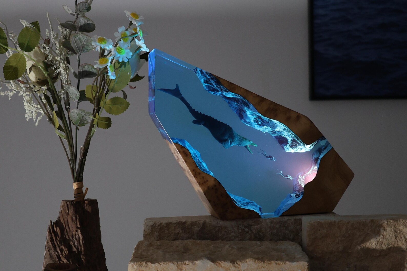 Resin Ocean Night Light: Mosasaurus & Diver Wood Lamp - Etsy
