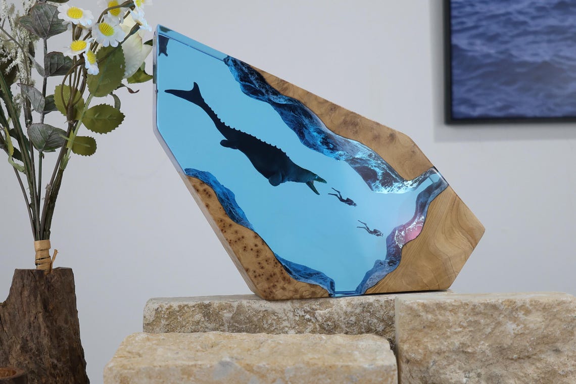 Resin Ocean Night Light: Mosasaurus & Diver Wood Lamp - Etsy
