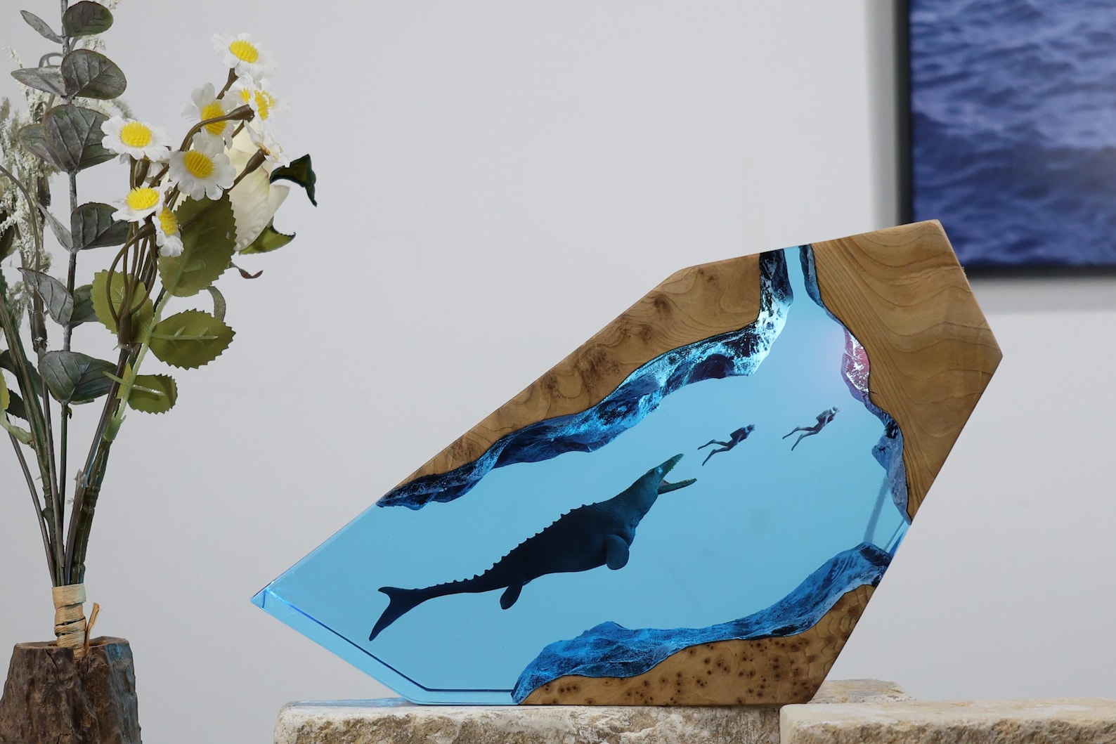 Resin Ocean Night Light: Mosasaurus & Diver Wood Lamp - Etsy