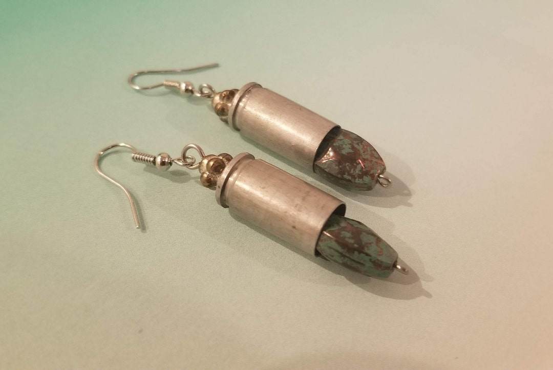 Bullet Earrings, Aluminum Bullet Casing Earrings With Green and Silver ...