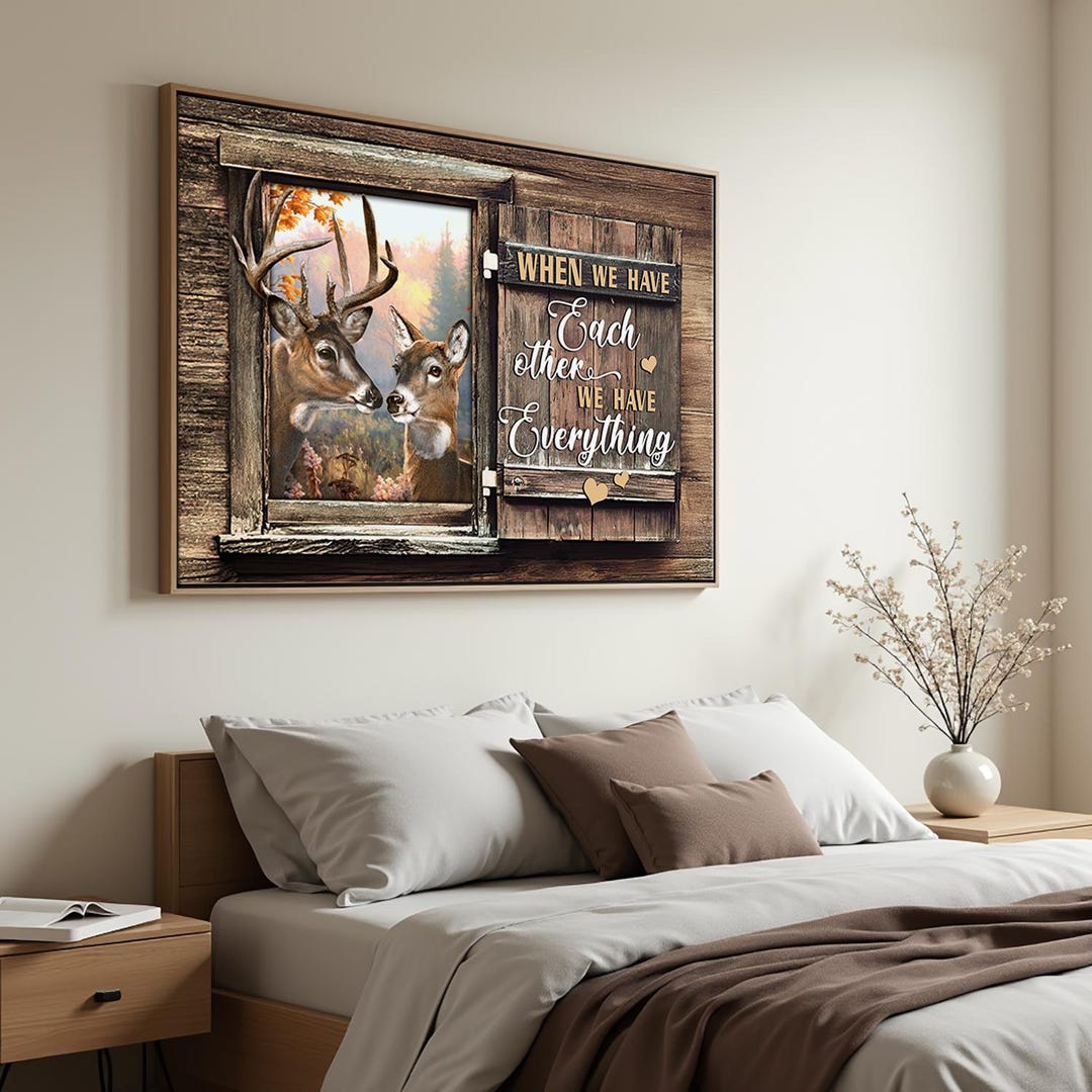 Deer Couple Wall Art Rustic Window Scene, Fall Forest Love Quote Jesus ...
