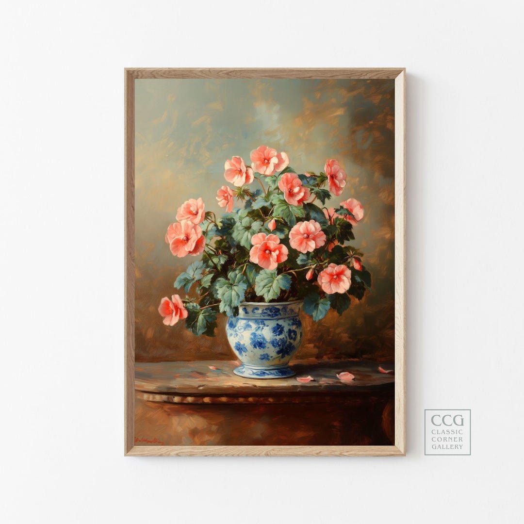 Vintage Flower Painting, Begonias Oil Painting, Flower Oil Painting, Still Life Painting, Flower ...