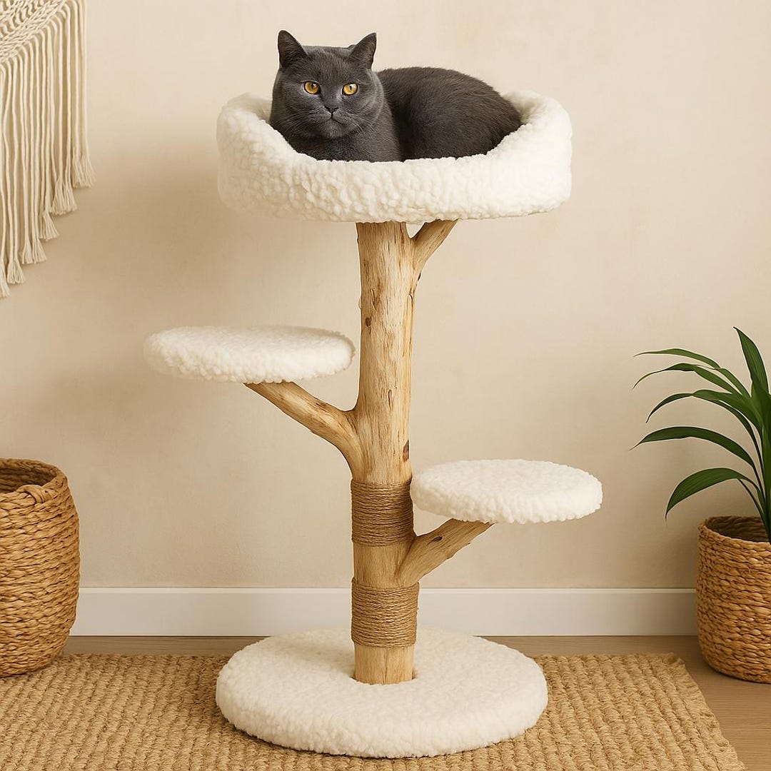 Boho Cat Tree Tower With Real Wood Branches Tower, 55" Tall With Plush ...