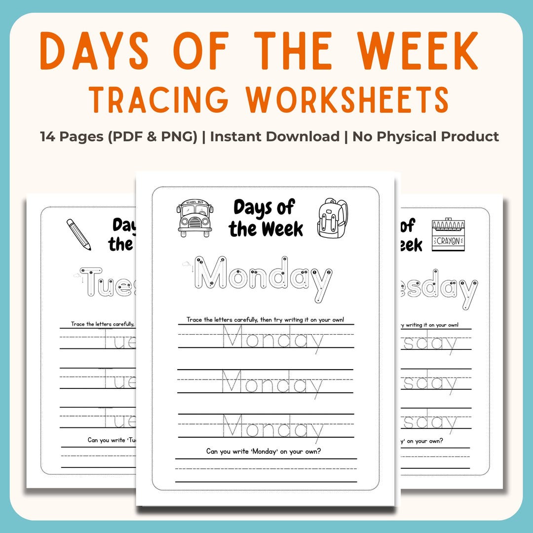 Days of the Week Tracing Worksheets | for Preschool and Kindergarten ...