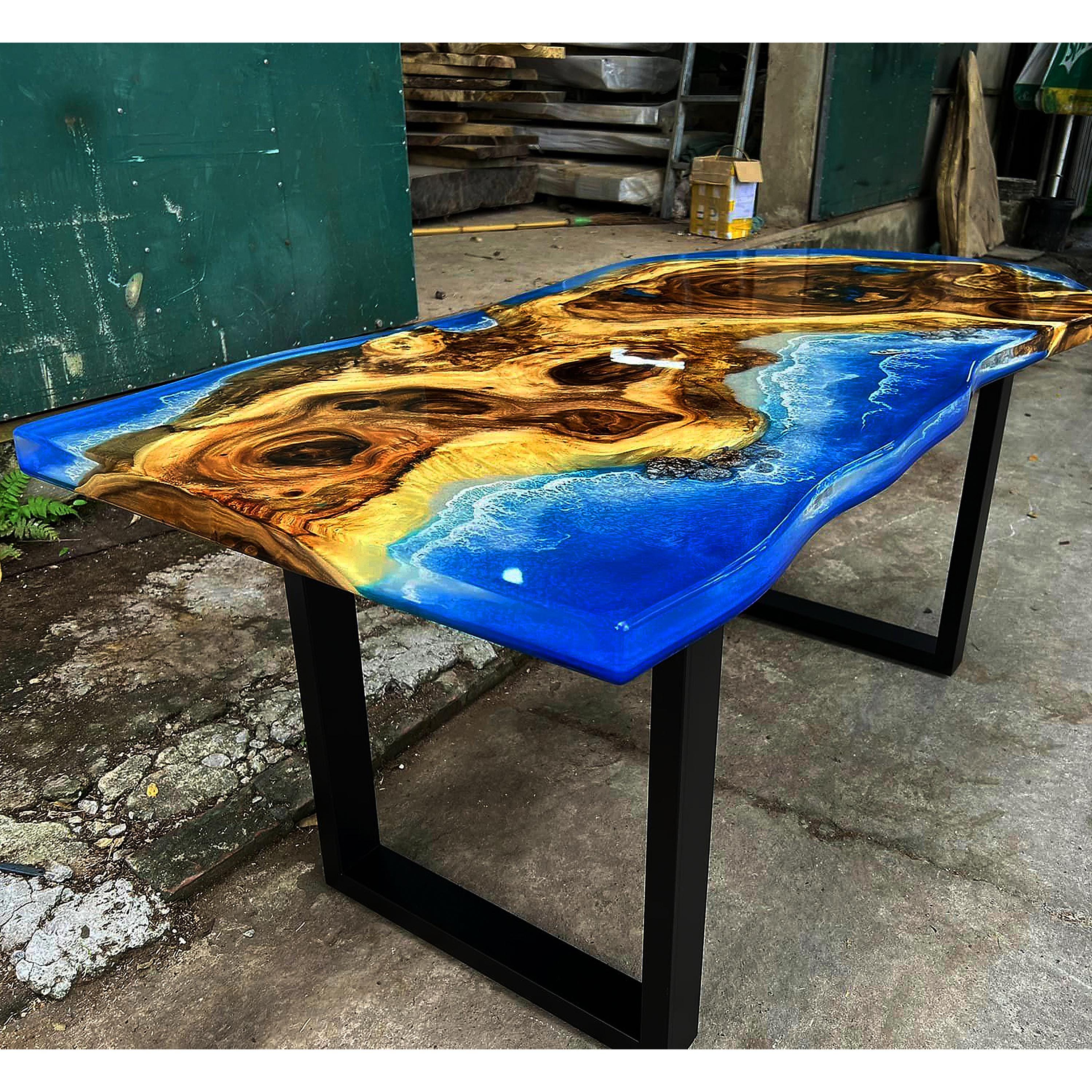 Blue Ocean Epoxy Table With White Sand – Handmade Beach Resin Table for ...