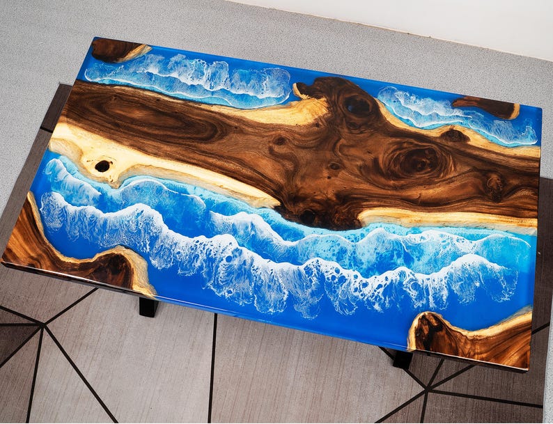 Custom Ocean Wave Epoxy Table – Live Edge Wood and Resin Table for ...