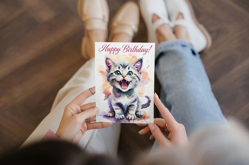 Printable Birthday Card – Watercolor Cat Design – Digital Download ...